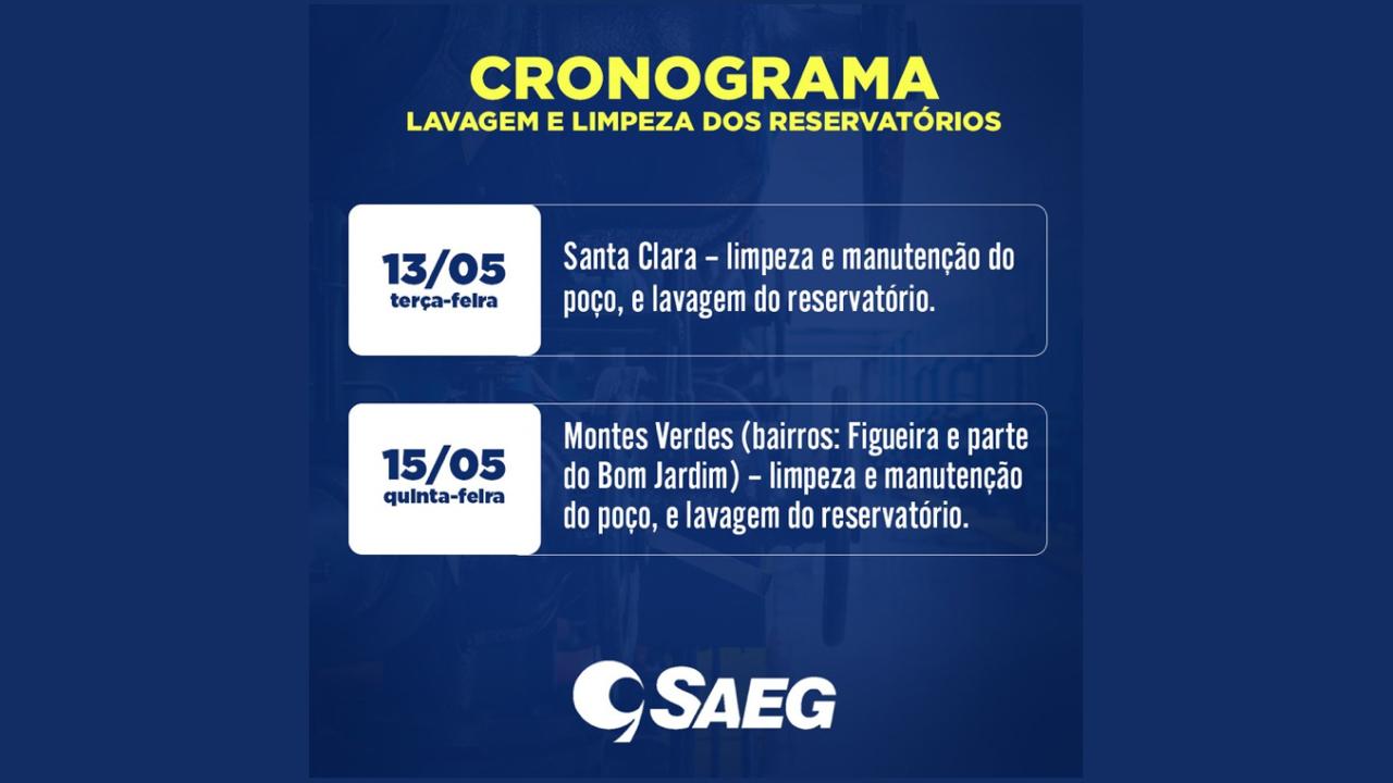 SAEG informa cronograma de limpeza e desinfecção dos reservatórios de ...