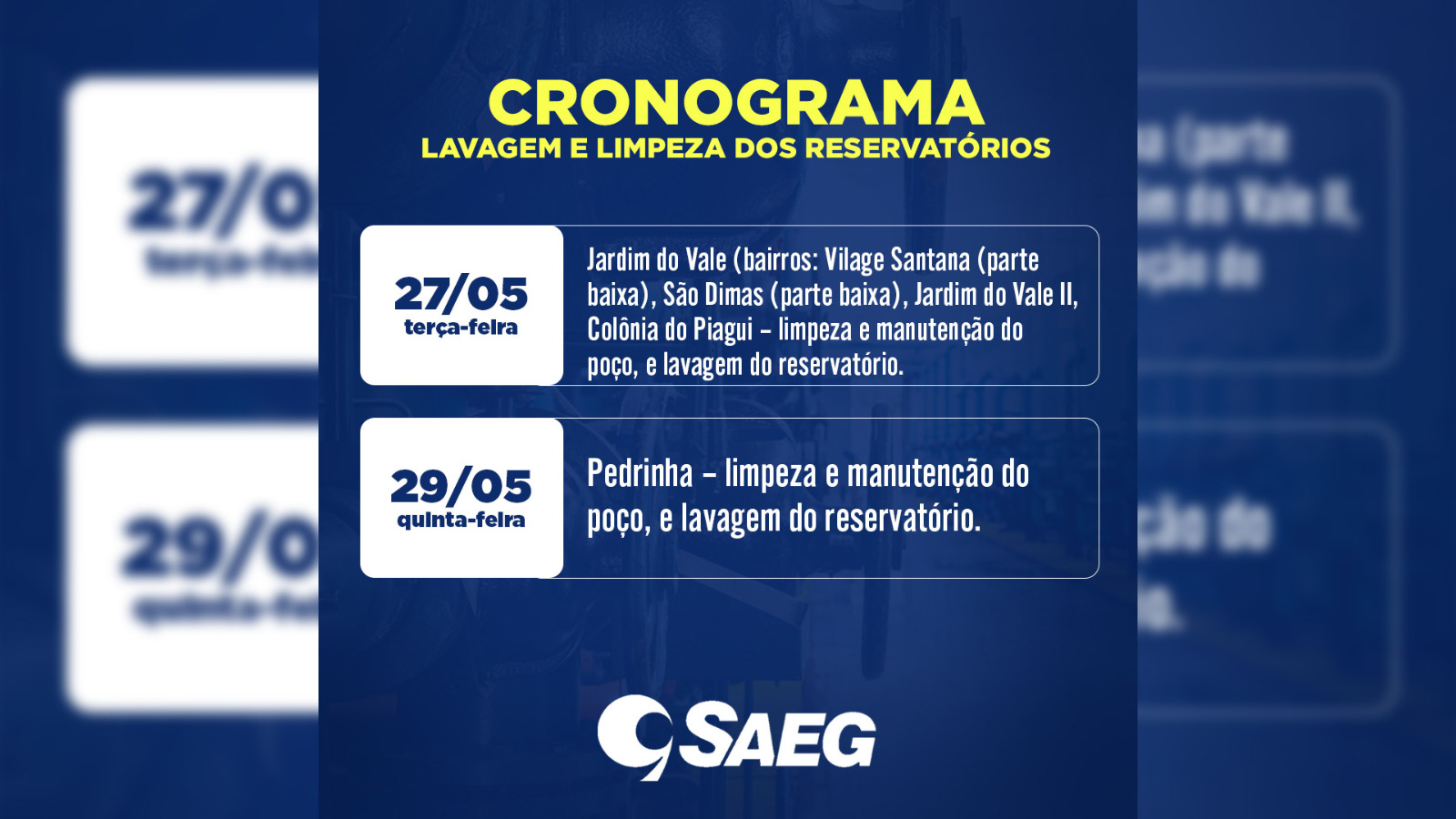 SAEG segue com o cronograma de limpeza e desinfecção dos reservatórios ...
